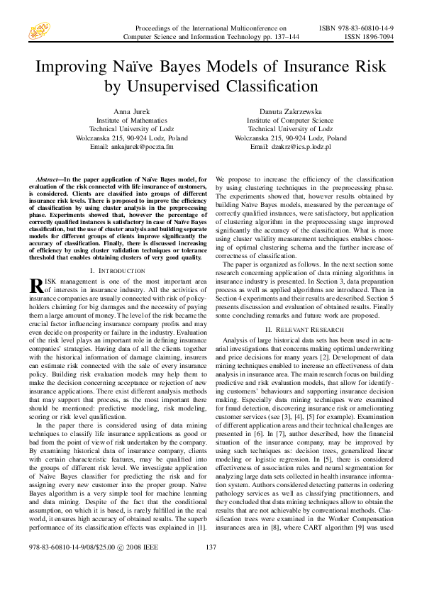 (PDF) Improving Naive Bayes Models of insurance risk by unsupervised learning