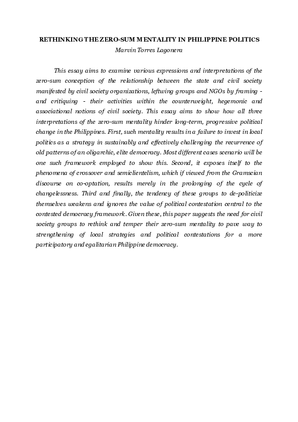 (DOC) Rethinking the Zero-Sum Mentality in Philippine Politics