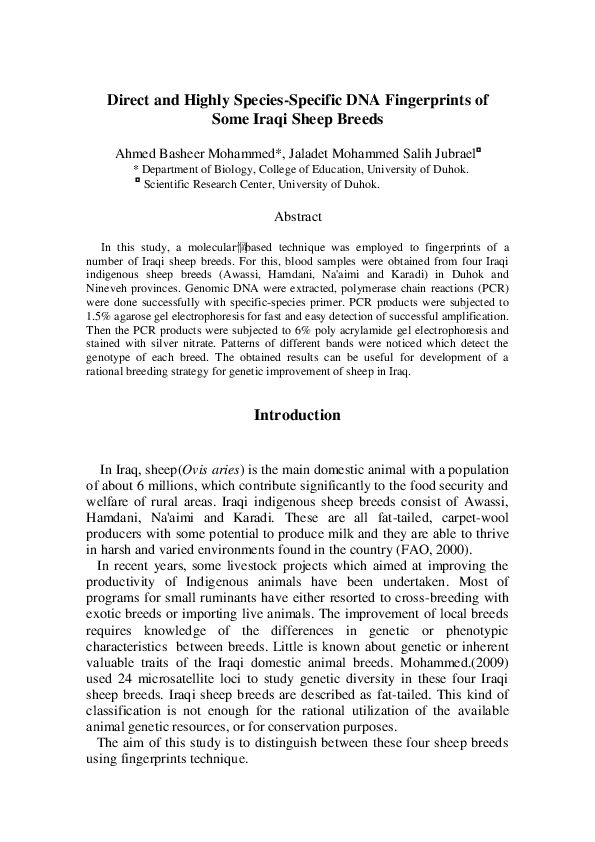 (PDF) Direct and Highly Species-Specific DNA Fingerprints of Some Iraqi Sheep Breeds
