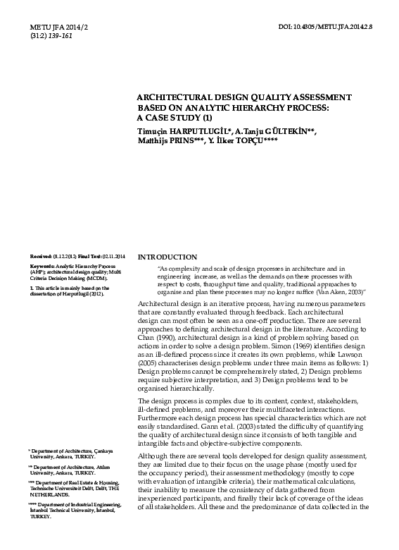 (PDF) ARCHITECTURAL DESIGN QUALITY ASSESSMENT BASED ON ANALYTIC HIERARCHY PROCESS: A CASE STUDY