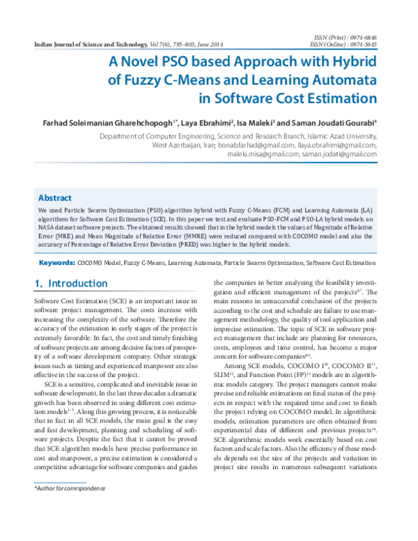 (PDF) A Novel PSO based Approach with Hybrid of Fuzzy C-Means and Learning Automata in Software ...