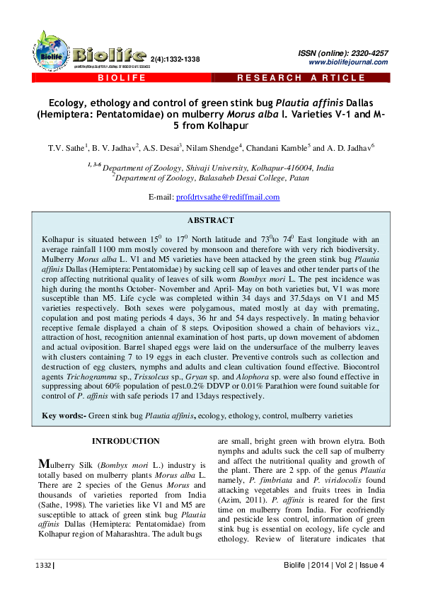 (PDF) Ecology, ethology and control of green stink bug Plautia affinis ...