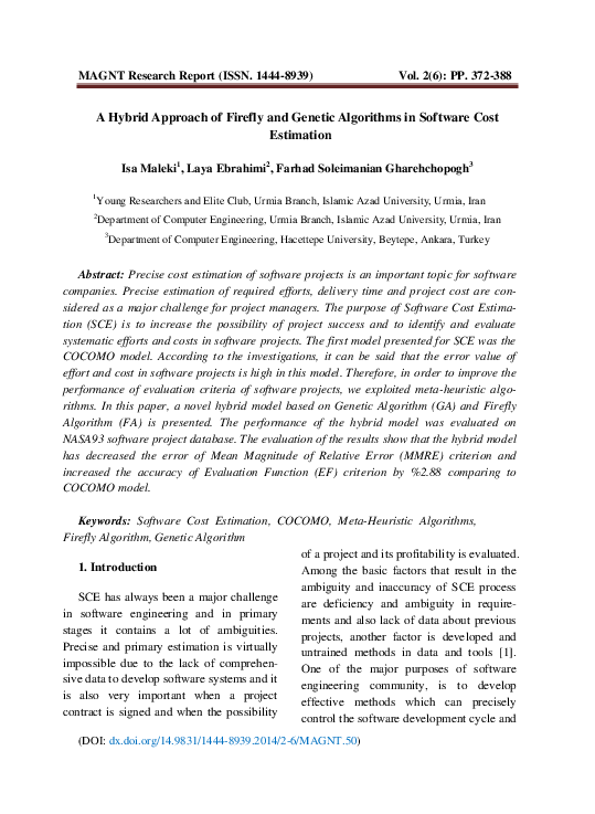 Pdf A Hybrid Approach Of Firefly And Genetic Algorithms In Software Cost Estimation