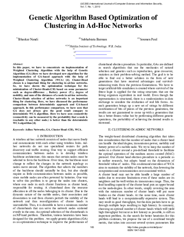 Pdf Genetic Algorithm Based Optimization Of Clustering In Ad Hoc