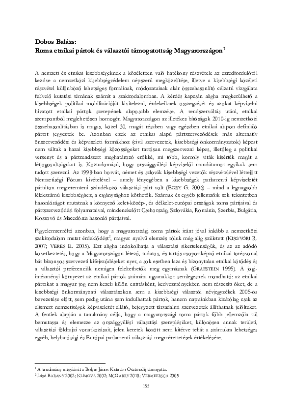 (PDF) Roma etnikai pártok és választói támogatottság Magyarországon