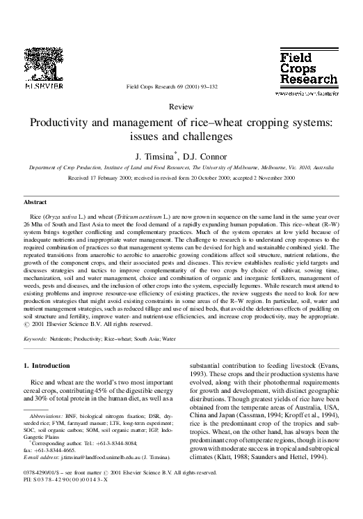 (PDF) Productivity and management of rice±wheat cropping systems ...