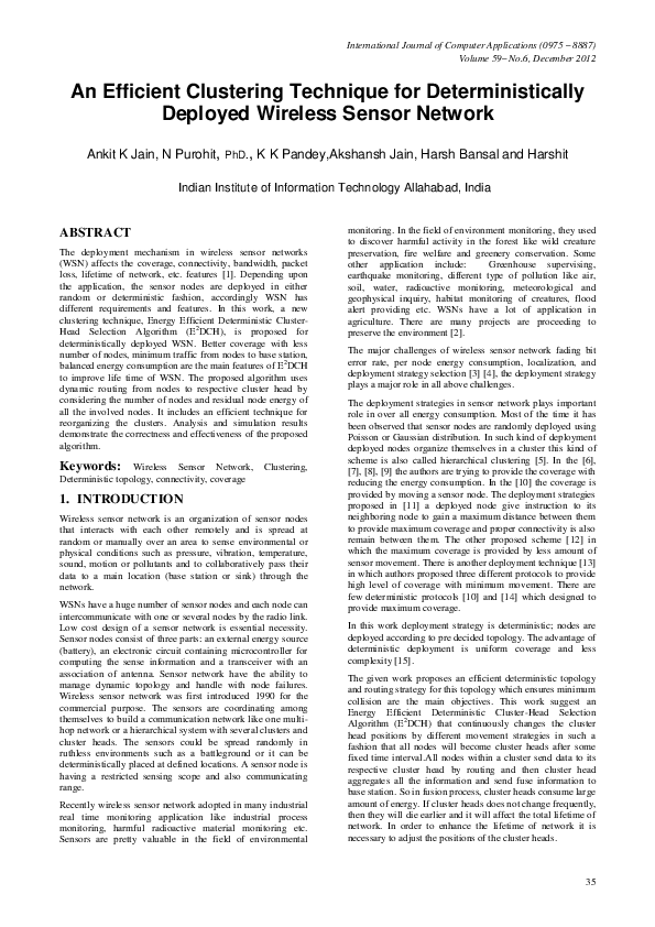 (PDF) An Efficient Clustering Technique for Deterministically Deployed Wireless Sensor Network