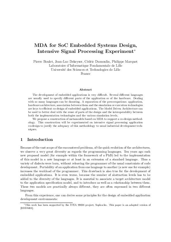 (PDF) MDA for SoC Embedded Systems Design, Intensive Signal Processing Experiment | Philippe ...