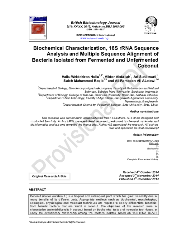 (PDF) Biochemical Characterization, 16S rRNA Sequence Analysis and ...