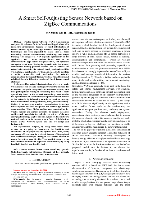 Pdf A Smart Self Adjusting Sensor Network Based On Zigbee Communications