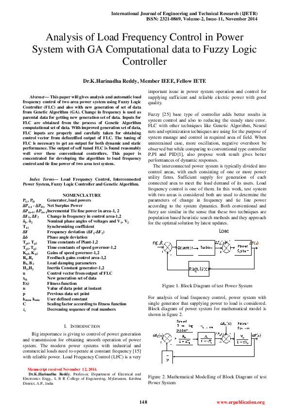 Pdf Analysis Of Load Frequency Control In Power System With Ga Computational Data To Fuzzy