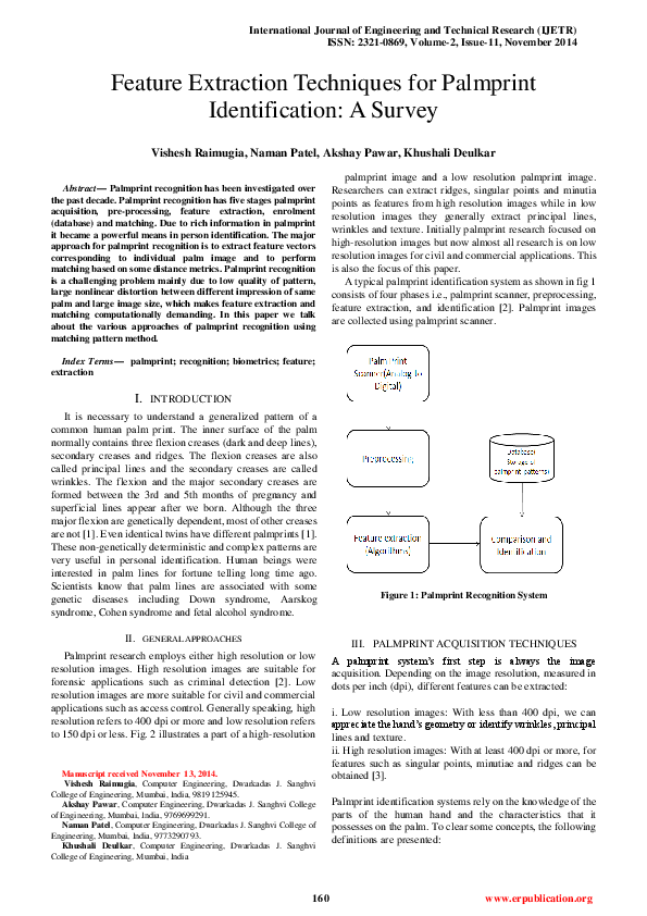 Pdf Feature Extraction Techniques For Palmprint Identification A Survey