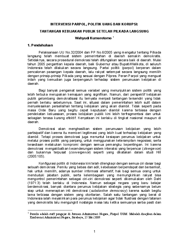 (PDF) INTERVENSI PARPOL, POLITIK UANG DAN KORUPSI: TANTANGAN KEBIJAKAN ...