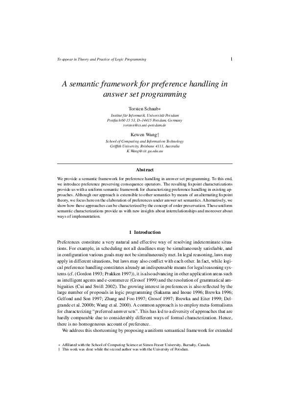 (PDF) A semantic framework for preference handling in answer set programming