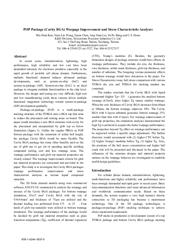 (PDF) POP Package (Cavity BGA) Warpage Improvement and Stress ...