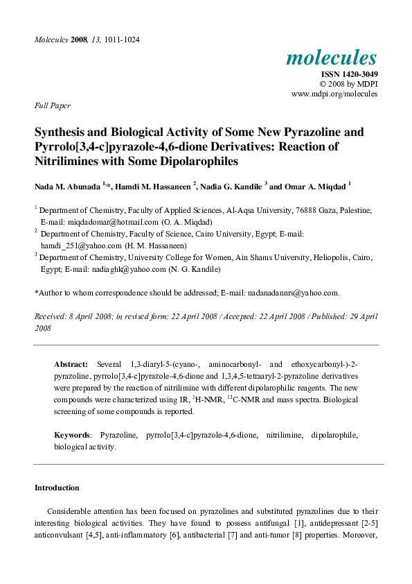 (PDF) Synthesis and biological activity of some new pyrazoline and pyrrolo [3, 4-c] pyrazole-4 ...