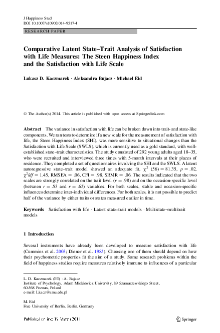 (PDF) Comparative Latent State–Trait Analysis of Satisfaction with Life Measures: The Steen ...