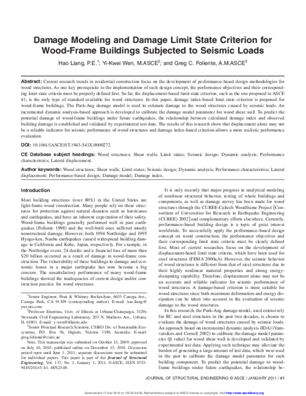 (PDF) Damage Modeling and Damage Limit State Criterion for Wood-Frame ...