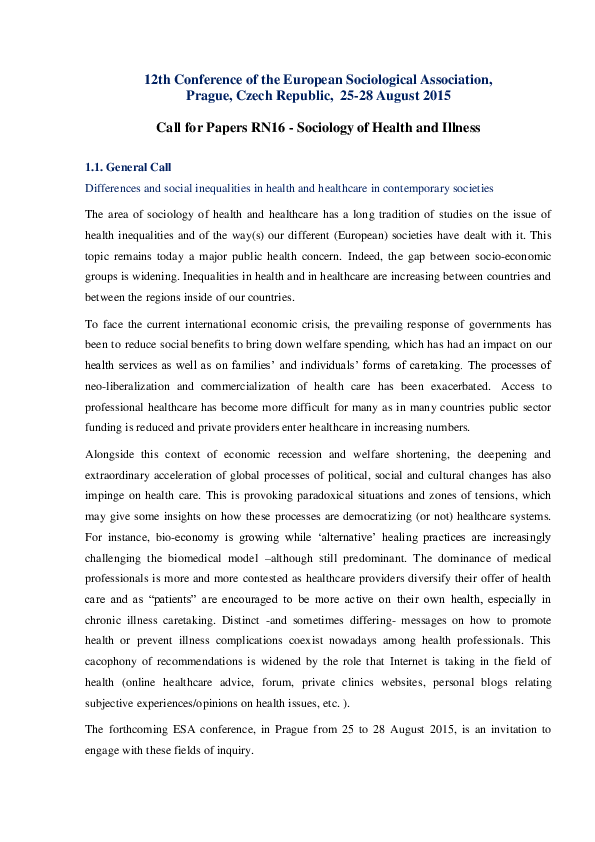 (PDF) Call for Papers RN16 - Sociology of Health and Illness