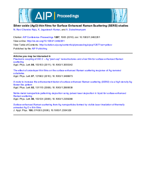 (PDF) Silver oxide (AgO) thin films for Surface Enhanced Raman ...