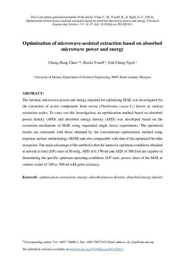 Pdf Optimization Of Microwave Assisted Extraction Based On Absorbed Microwave Power And Energy