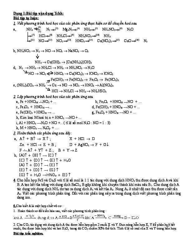 (DOC) D ng 1:Bài t p v n d ng Tchh: A E NO 2 ( t l s mol N 2 O : NO = 1 : 3) . Hoàn thành các ph ...