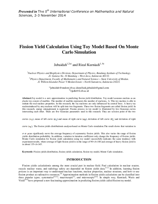 (PDF) Fission Yield Calculation Using Toy Model Based On Monte Carlo Simulation