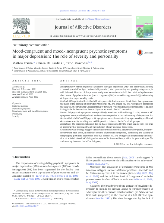 (PDF) Mood-congruent and mood-incongruent psychotic symptoms in major ...