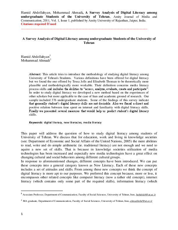 A Survey Analysis of Digital Literacy among undergraduate Students of ...