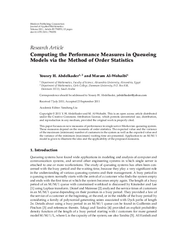 Pdf Computing The Performance Measures In Queueing Models Via The Method Of Order Statistics