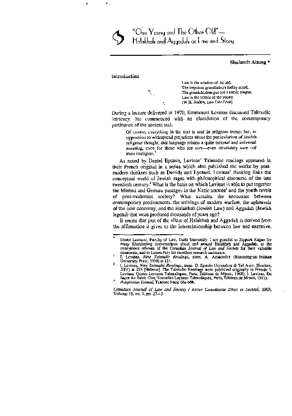 (PDF) One Young and the Other Old - Halakhah and Aggadah as Law and Story