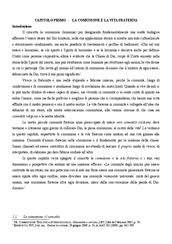 (DOC) CAPITOLO PRIMO -LA COMUNIONE E LA VITA FRATERNA