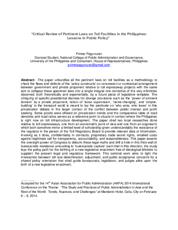 (DOC) “Critical Review of Pertinent Laws on Toll Facilities in the ...