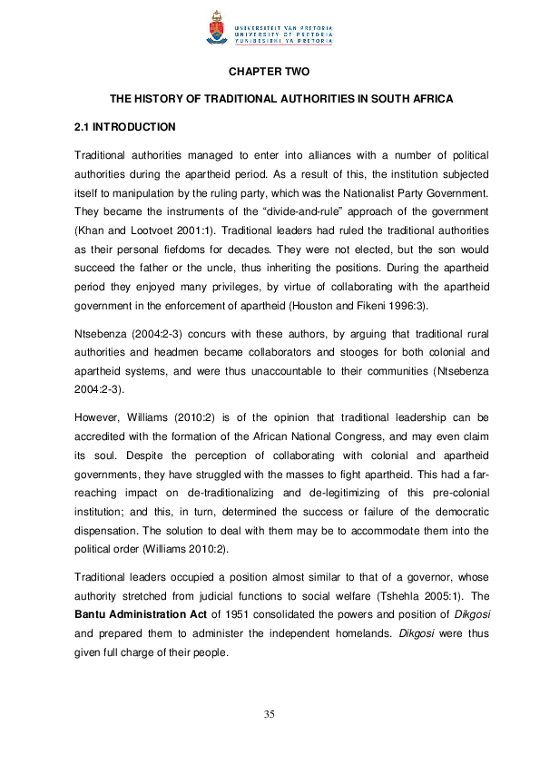 (PDF) 35 CHAPTER TWO THE HISTORY OF TRADITIONAL AUTHORITIES IN SOUTH AFRICA