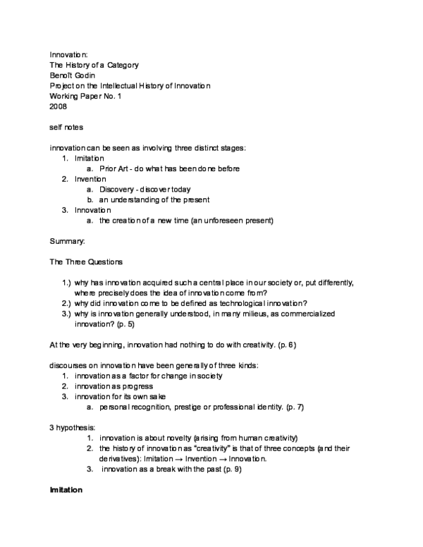 (PDF) Innovation The History of A Category Benoit Godin Summary and Notes