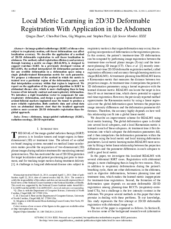 Pdf Local Metric Learning In 2d3d Deformable Registration With Application In The Abdomen