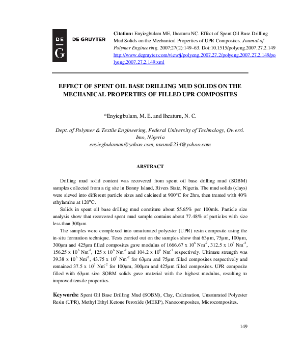 (PDF) Effect of Spent Oil Base Drilling Mud (SOBM) solids on the ...