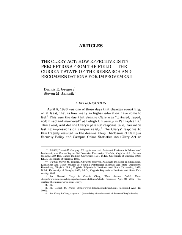 (PDF) Clery Act: How Effective Is It-Perceptions from the Field-The Current State of the ...