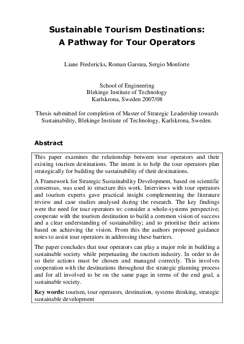 (PDF) Sustainable Tourism Destinations: A Pathway for Tour Operators