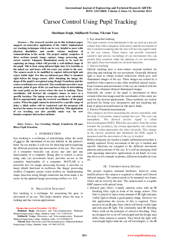 Pdf Cursor Control Using Pupil Tracking