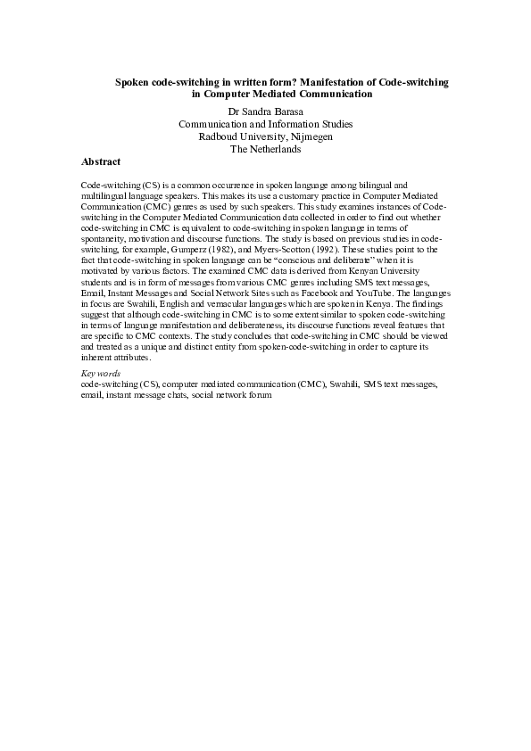 Pdf Spoken Code Switching In Written Form Manifestation Of Code Switching In Computer