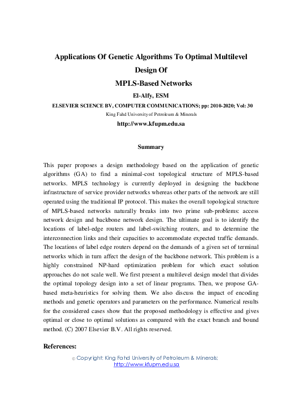 (PDF) Applications of genetic algorithms to optimal multilevel design of MPLS-based networks