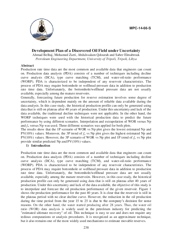 (PDF) Development Plan of a Discovered Oil Field under Uncertainty