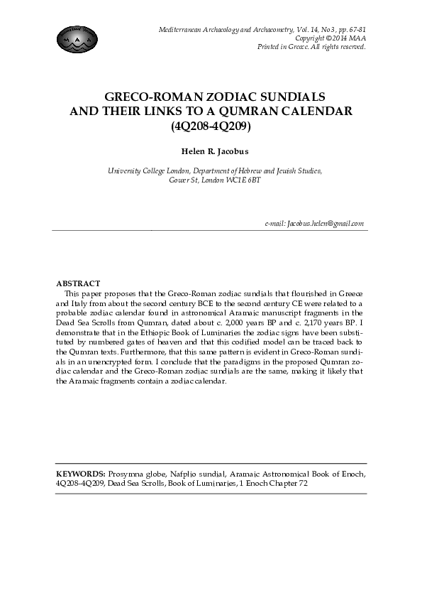(PDF) Greco-Roman Zodiac Sundials and Their Links to a Qumran Calendar ...