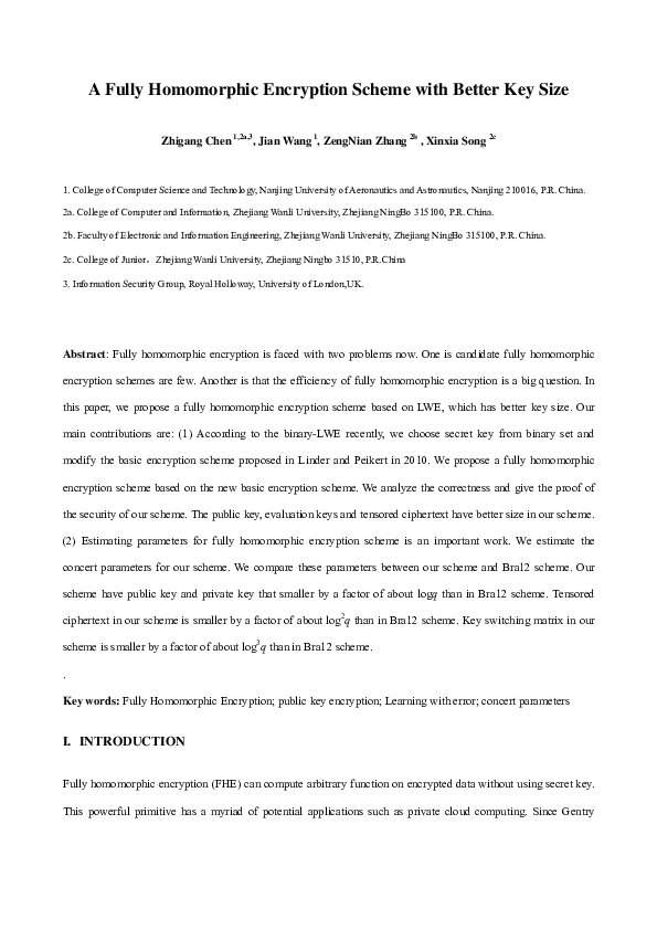 Pdf A Fully Homomorphic Encryption Scheme With Better Key Size