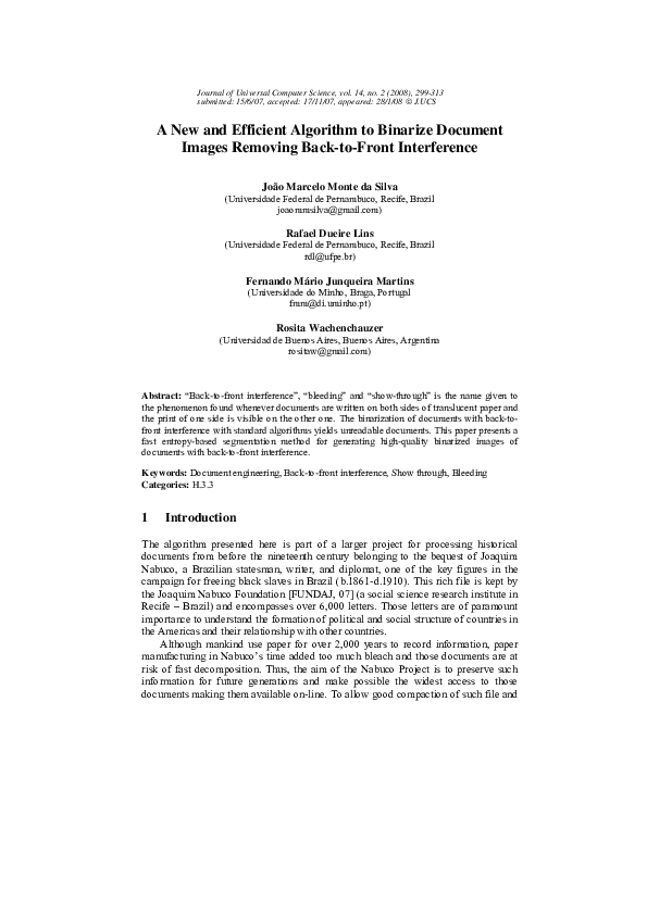 Pdf A New And Efficient Algorithm To Binarize Document Images Removing Back To Front