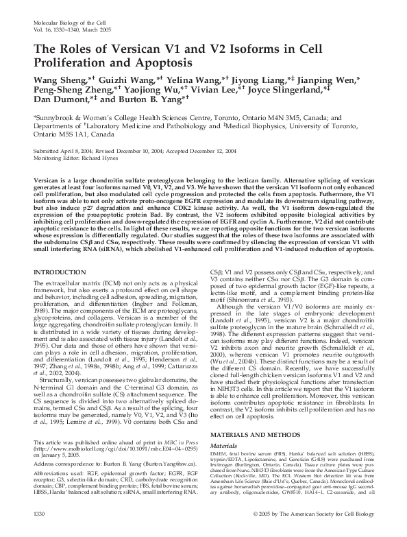 (PDF) The Roles of Versican V1 and V2 Isoforms in Cell Proliferation ...