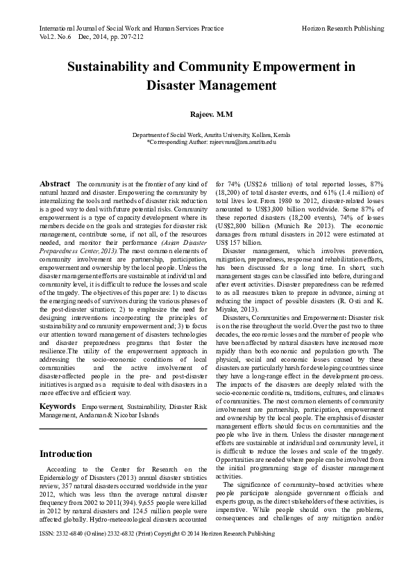 (PDF) Sustainability and Community Empowerment in Disaster Management