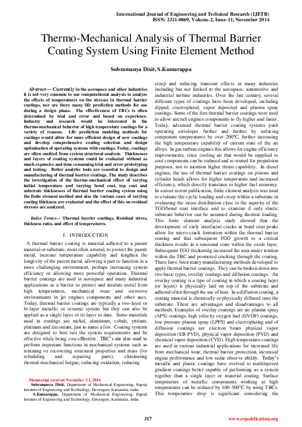 (PDF) Thermo-Mechanical Analysis of Thermal Barrier Coating System Using Finite Element Method