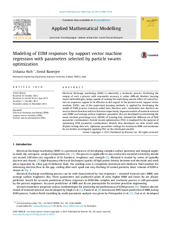 Pdf Modeling Of Edm Responses By Support Vector Machine Regression With Parameters Selected By